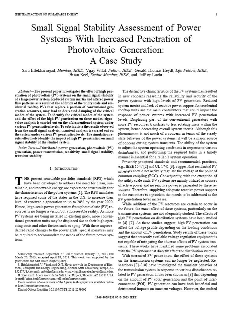 25.small Signal Stability Assesment of Power System With Increased Penetration of Photovoltaic ...