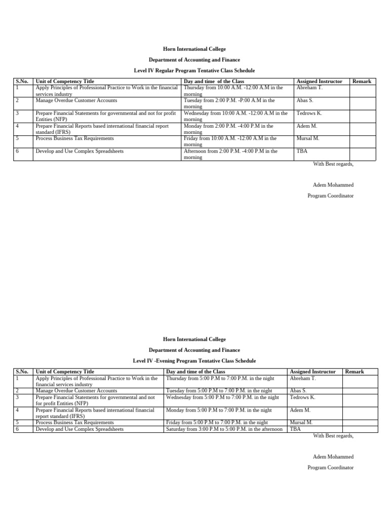 Level IV-Class Schedule-First Term | PDF | Debits And Credits | Accounting