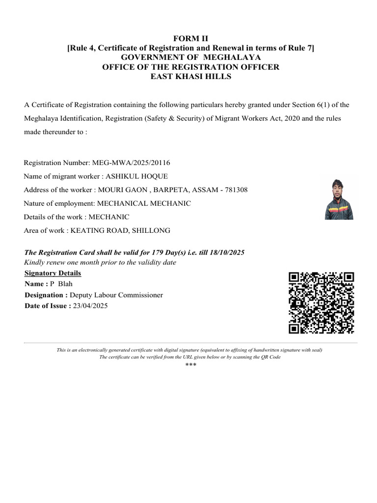 Meghalaya Migrant Worker Registration Card | PDF