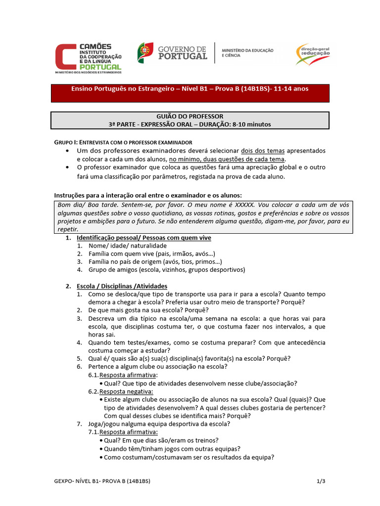 Suica2014 b1 Prova B Expressao Oral Guiao Professor | PDF | Portugal | Escolas