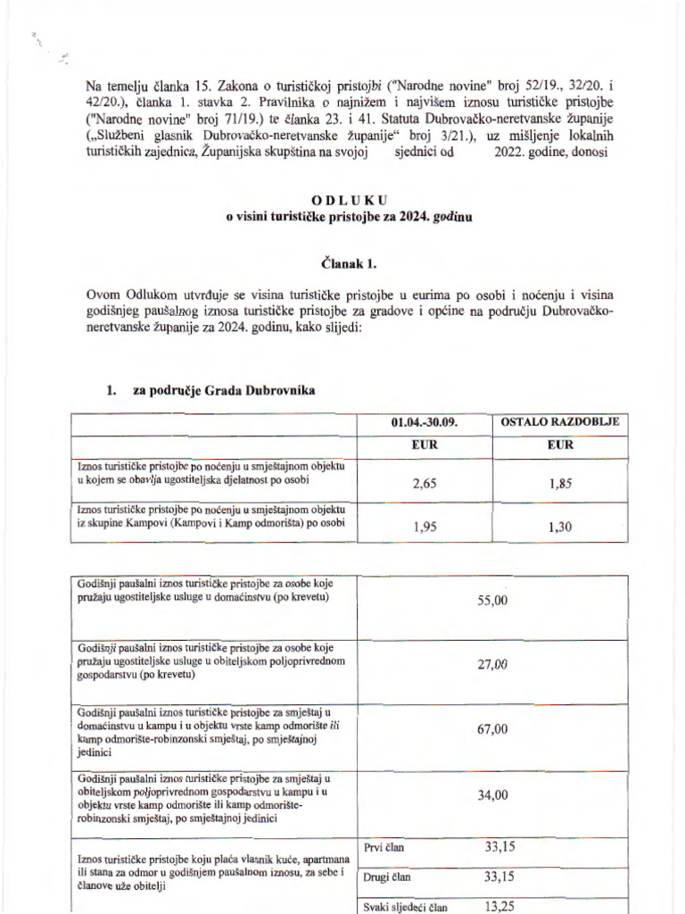 Prijedlog Odluke o Visini Turisticke Pristojbe Za 2024. Godinu. | PDF