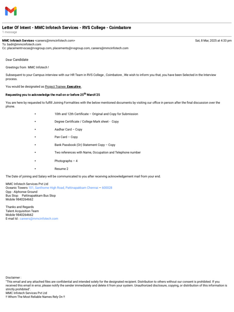 MMC Infotech Job Offer Letter | PDF