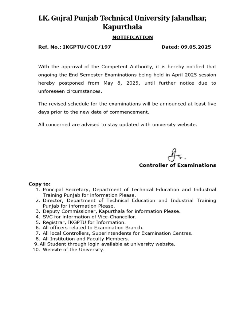 Postponement of Examination Till Further Order For April-2025 Session ...