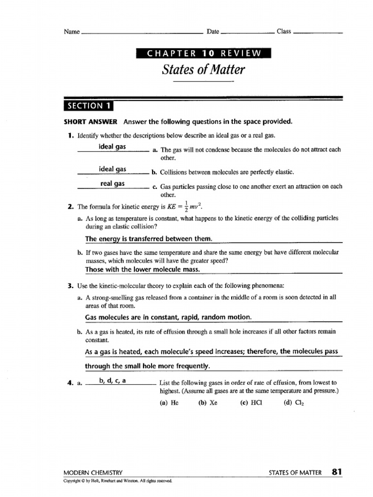 Q3-G10-Chemistry Revision Sheet Model Answers | PDF
