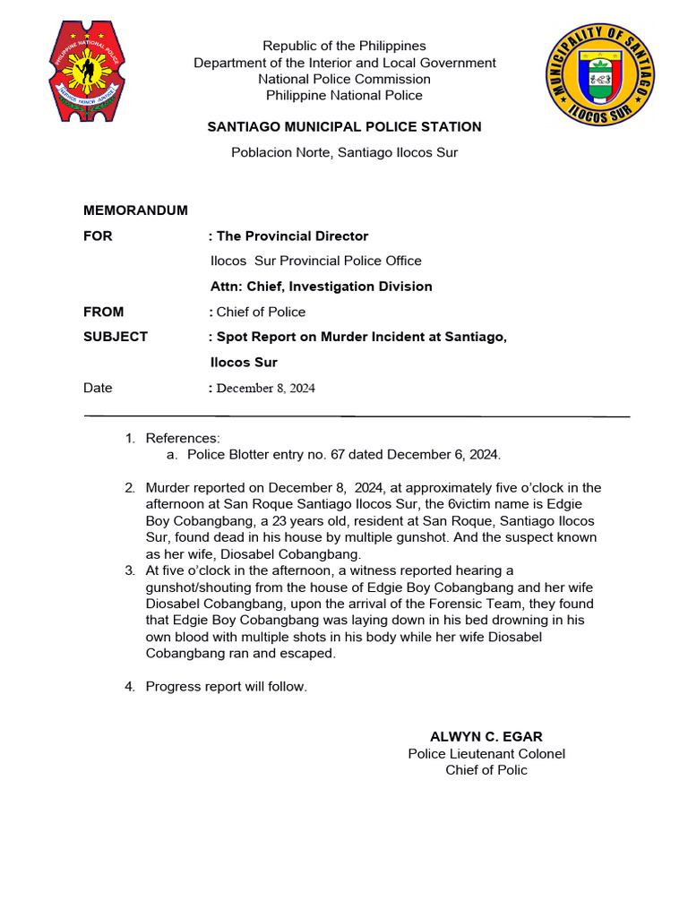 Murder Incident Report: Santiago, Ilocos Sur | PDF | Murder | Misconduct