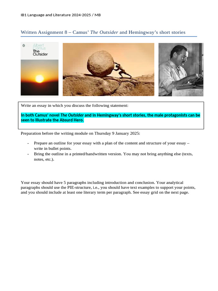 WA8_Essay on Camus%27 The Outsider and Hemingway%27s short stories ...