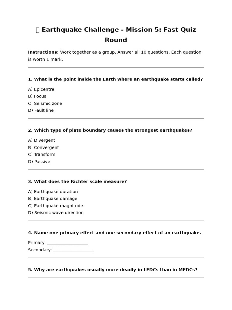 ? Earthquake Challenge - Fast Quiz | PDF