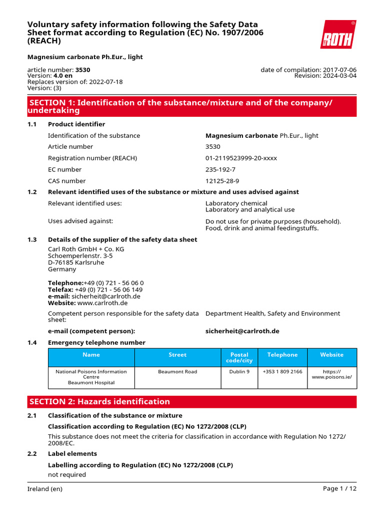 MSDS Magnesium Karbonat | PDF | Dangerous Goods | Waste