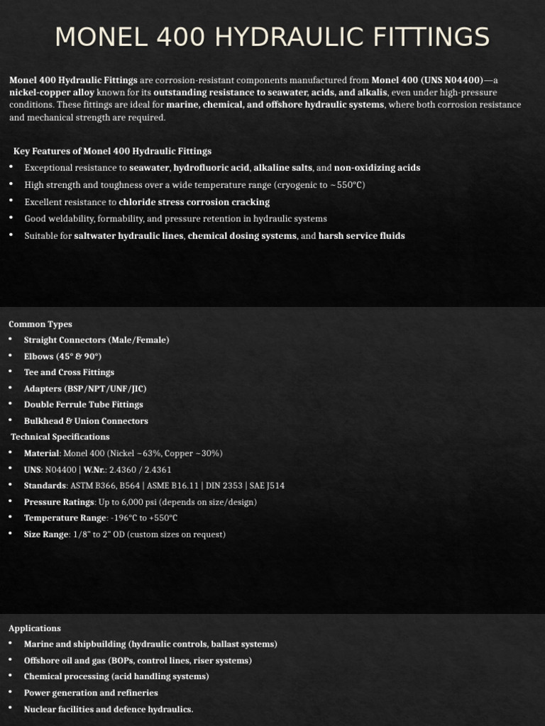 Monel 400 Hydraulic Fittings | PDF | Materials | Mechanical Engineering