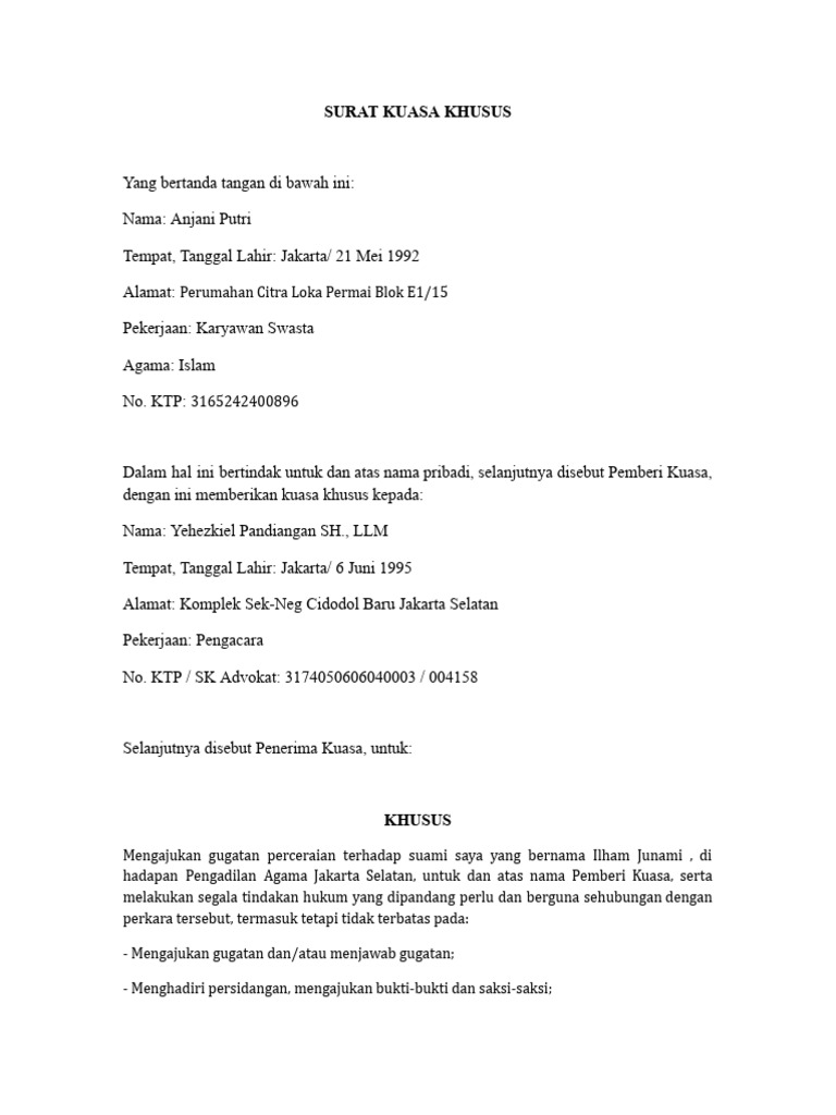 Surat Kuasa Khusus Perceraian | PDF