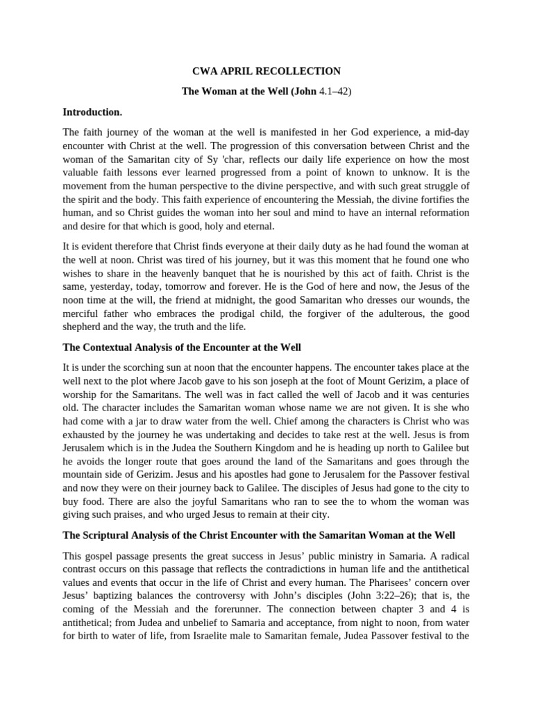 The Samaritan Woman - From Human To Devine | PDF | Jesus | Samaritans