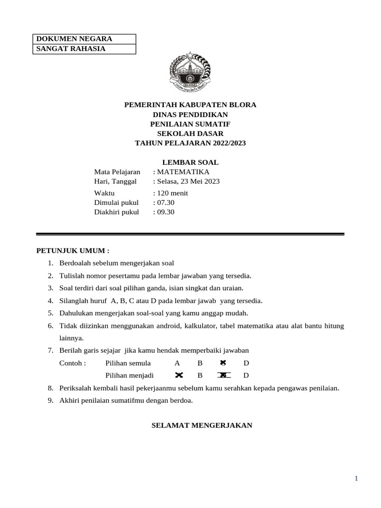 Soal Penilaian Sumatif Mat-Klas 6 2023 | PDF