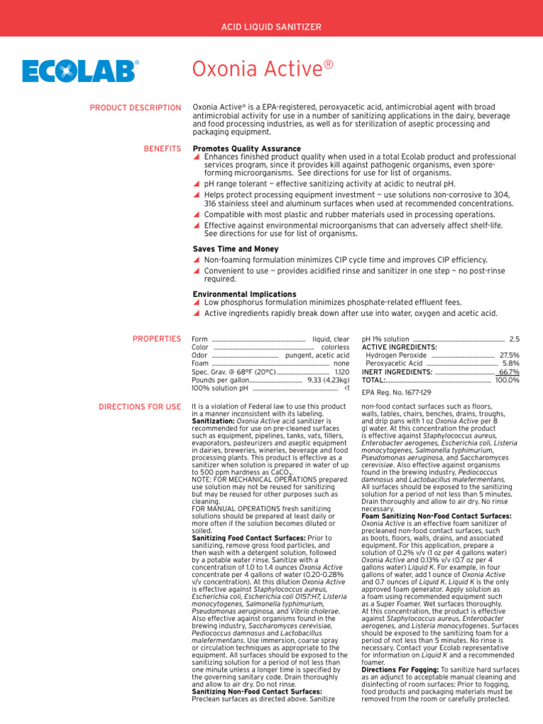 PRODUCT SHEET Oxonia Active CAT | PDF | Disinfectant | Sterilization ...