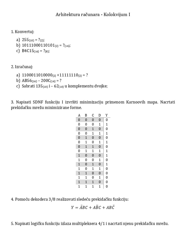 Arhitektura računara kolokvijum 1 | PDF
