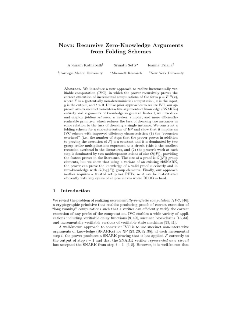 Nova Recursive Zero-Knowledge Arguments From Folding Schemes | PDF | Mathematics | Theoretical ...
