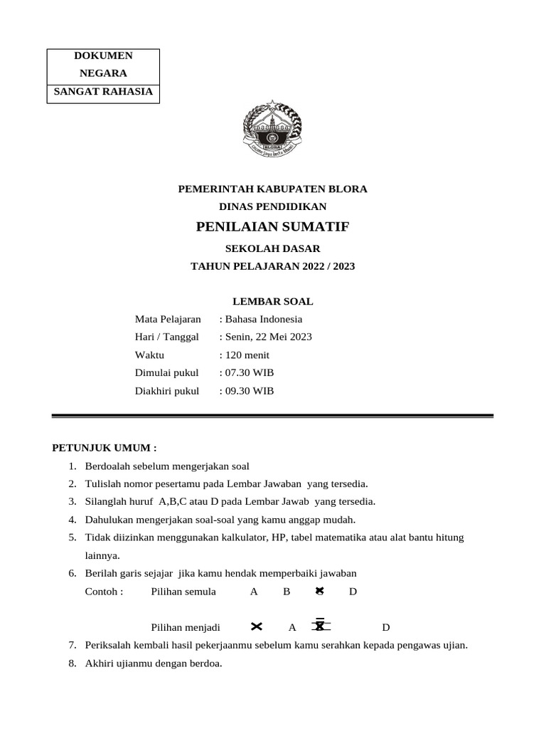 Naskah Soal Bhs. Ind Penilaian Sumatif 22-23 | PDF