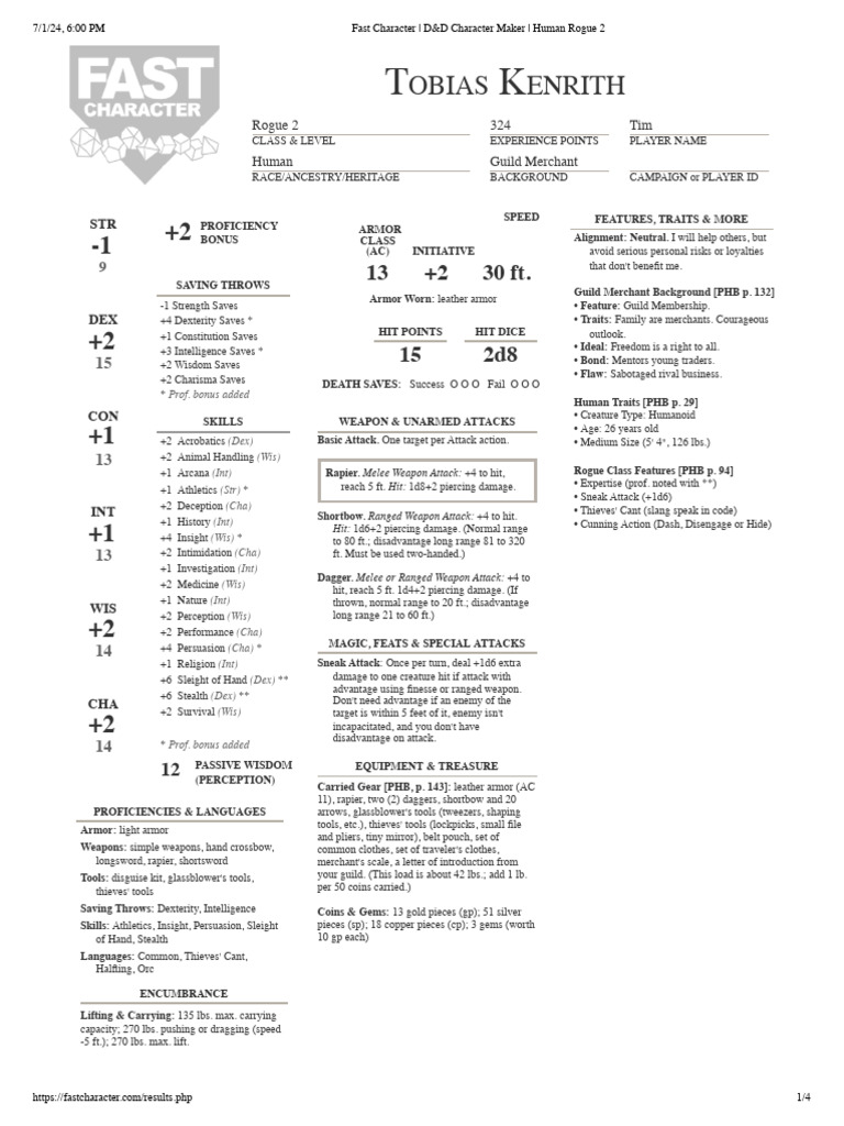 Human Rogue 2 Character Sheet | PDF | Dungeons & Dragons | Wizards Of ...
