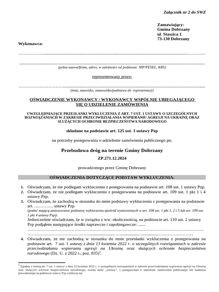 Załącznik 2 Oświadczenie Wykonawcy Art. 125 | PDF