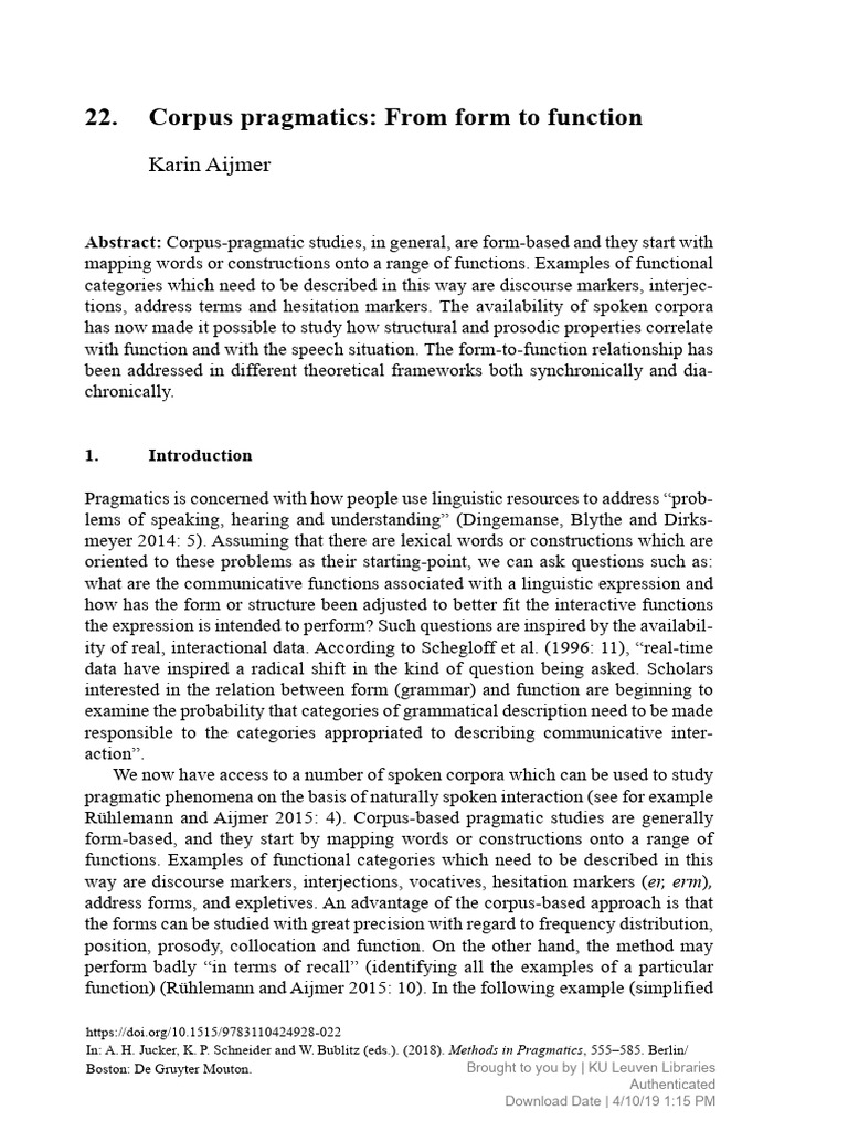 Aijmer (2018) - Corpus Pragmatics From Form To Function | PDF | Linguistics | Sociolinguistics