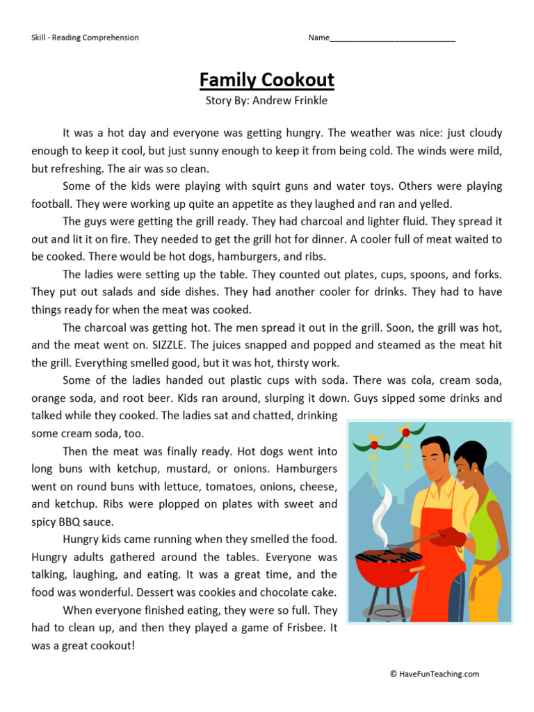 Family Cookout Third Grade Reading Comprehension Worksheet | PDF ...