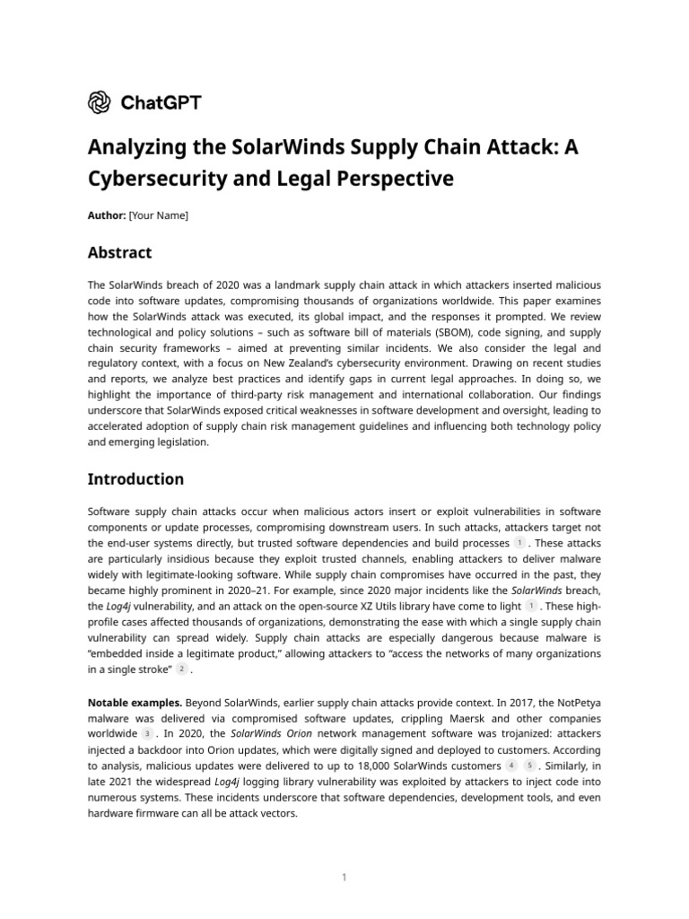 Analyzing The SolarWinds Supply Chain Attack - A Cybersecurity and Legal Perspective | PDF ...
