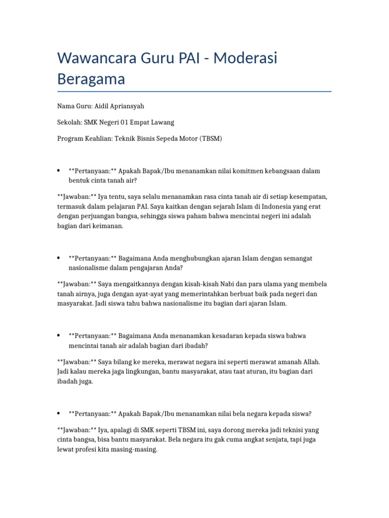 Wawancara Guru PAI Moderasi Beragama Aidil Apriansyah | PDF