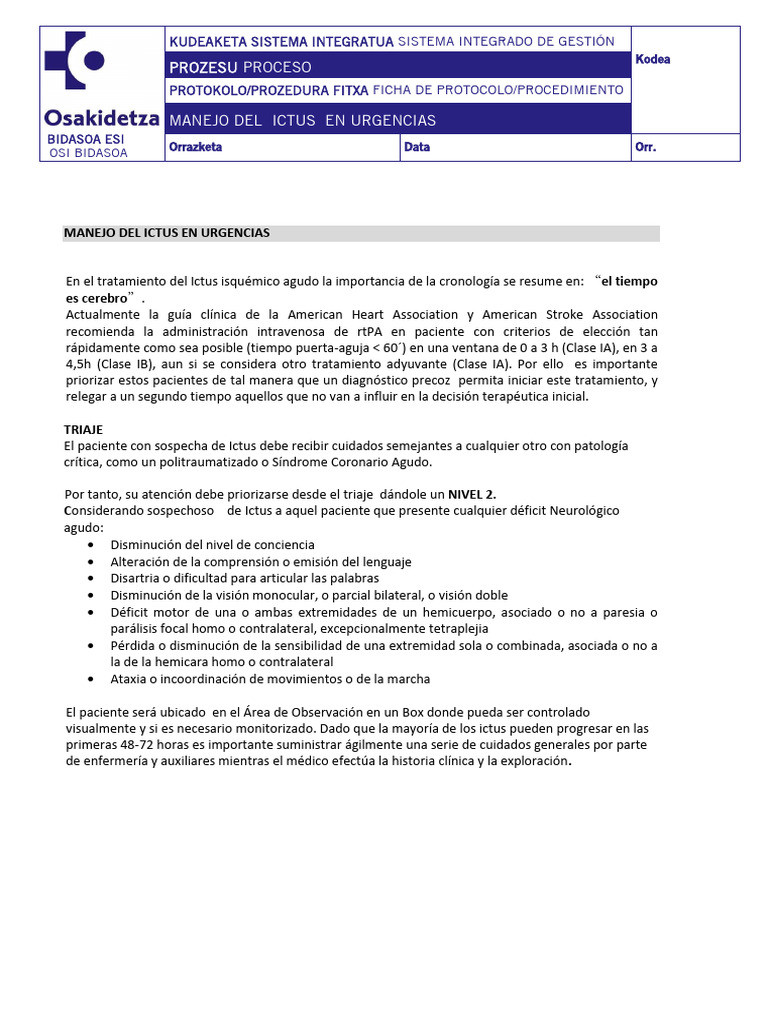 Ictus Isquémico Protocolo | PDF | Carrera | Infarto de miocardio