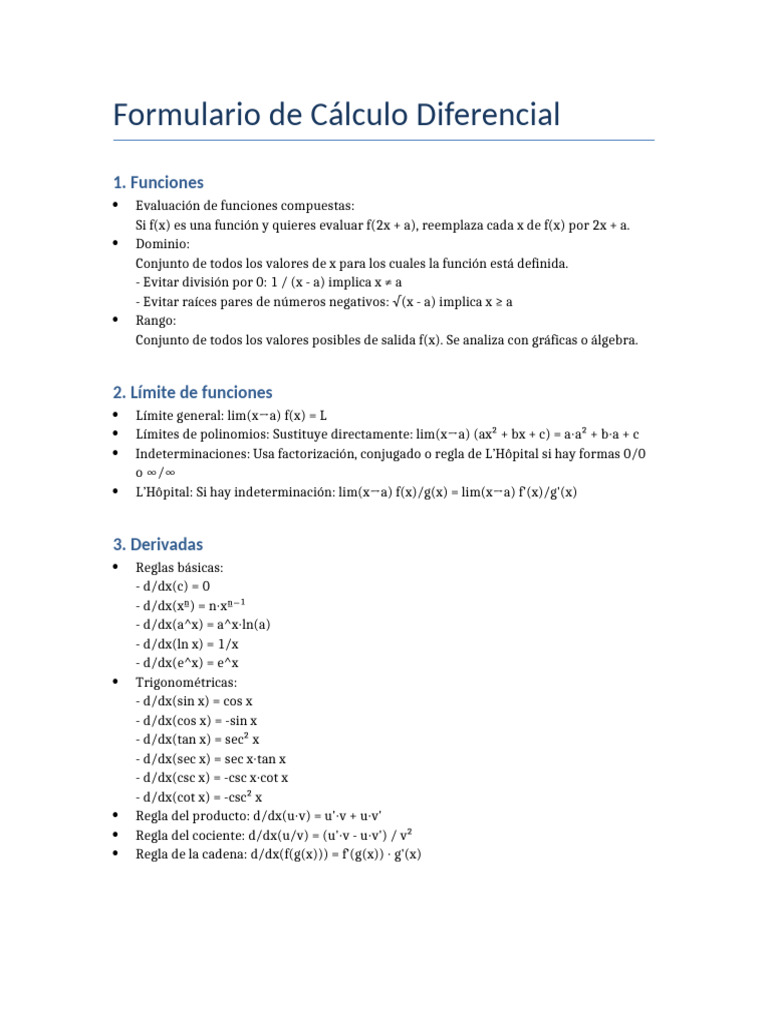 Formulario Calculo Diferencial | PDF