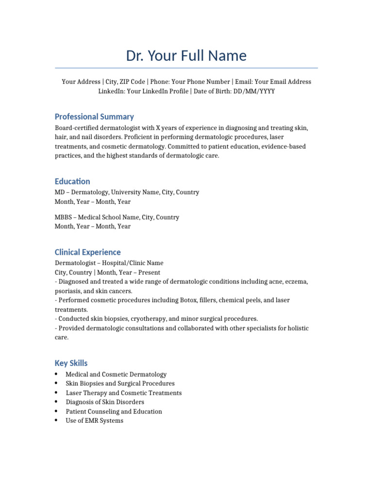 Dermatologist CV Template | PDF