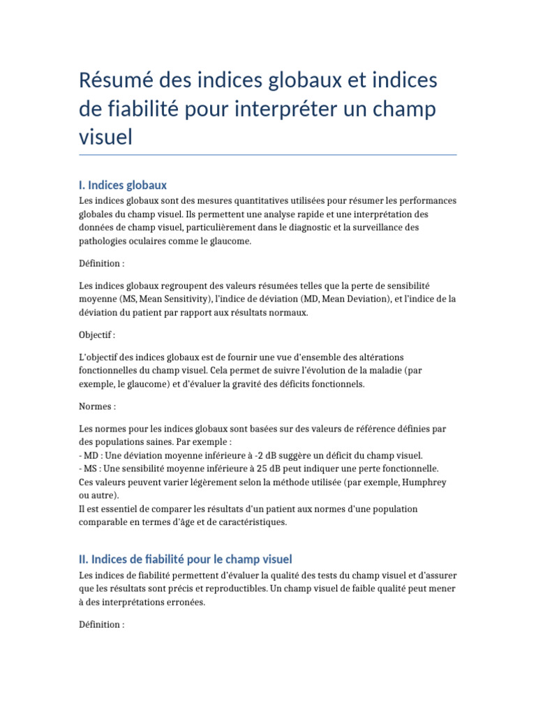 Indices de Sensibilité et Fiabilité Visuelle | PDF | Glaucome ...