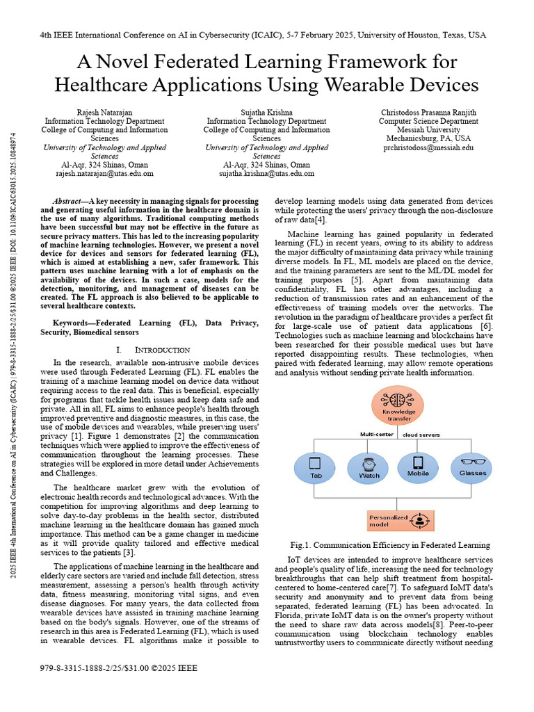 A Novel Federated Learning Framework For Healthcare Applications Using Wearable Devices | PDF ...