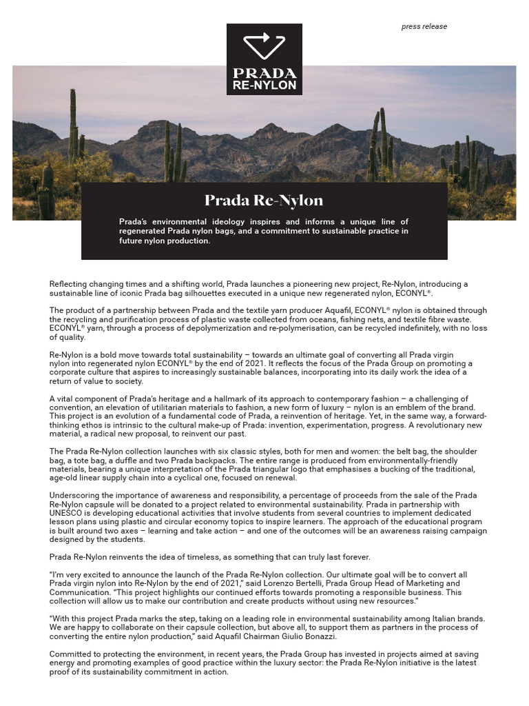 Press Release - Prada Re Nylon | PDF | Nylon | Recycling