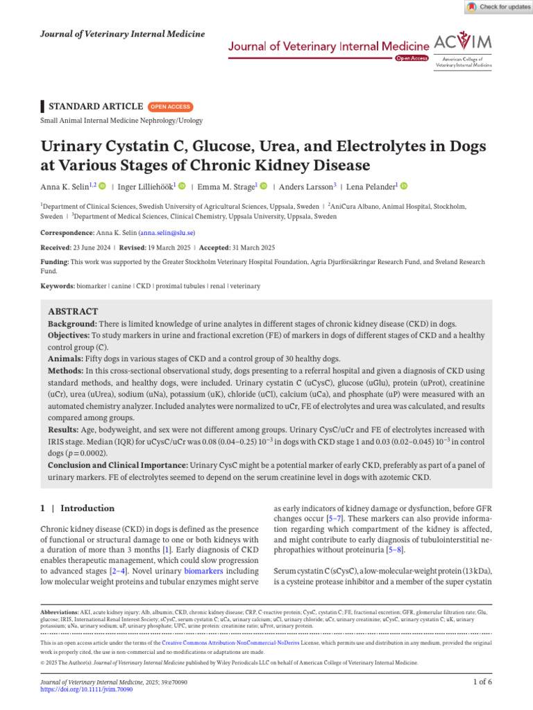 Veterinary Internal Medicine - 2025 - Selin - Urinary Cystatin C ...