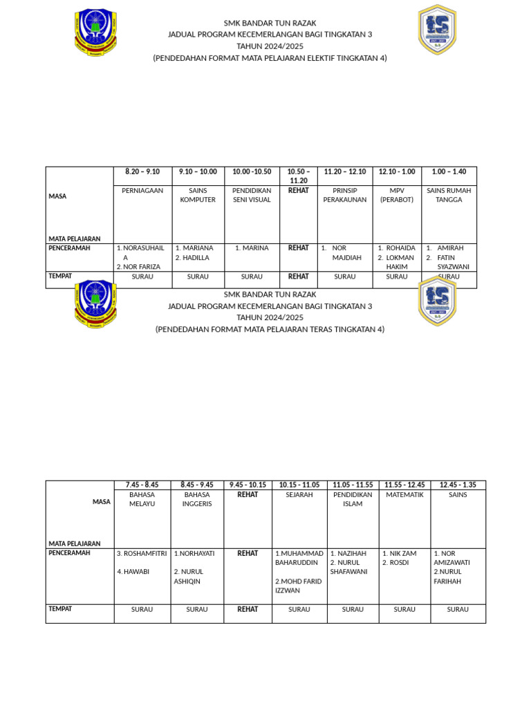Jadual Program Kecemerlangan Tingkatan 3 | PDF