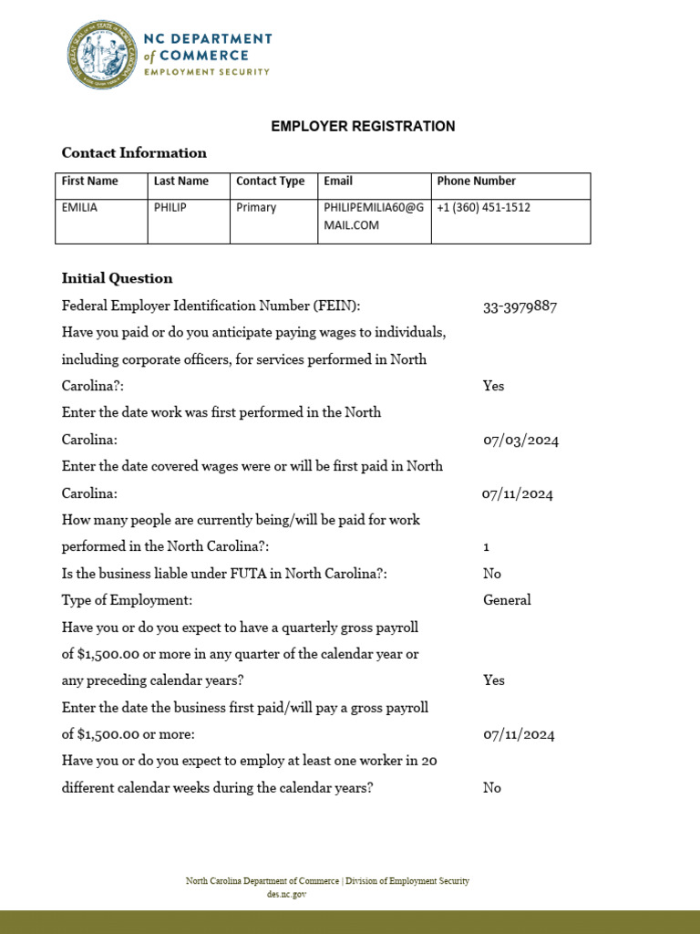 Contact Information: Employer Registration | PDF | Sole Proprietorship ...