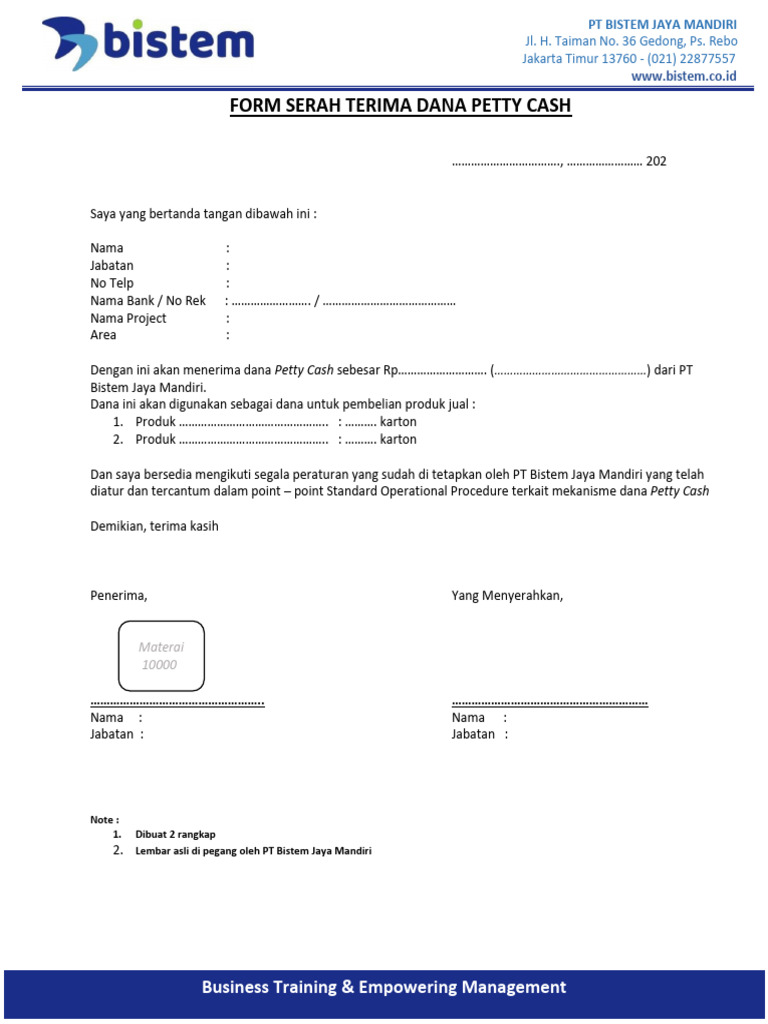 Form Serah Terima Dana Petty Cash | PDF