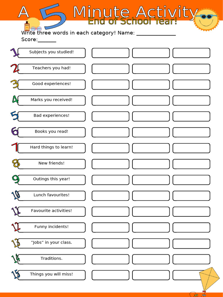 A 5 Minute Activity End of School Year Fun Activities Games Games Tests ...