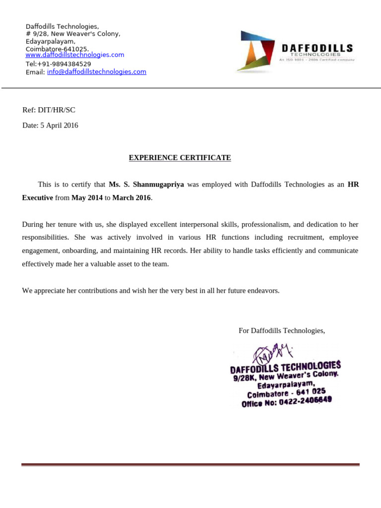 Shanmugagapriya Experience Letter | PDF