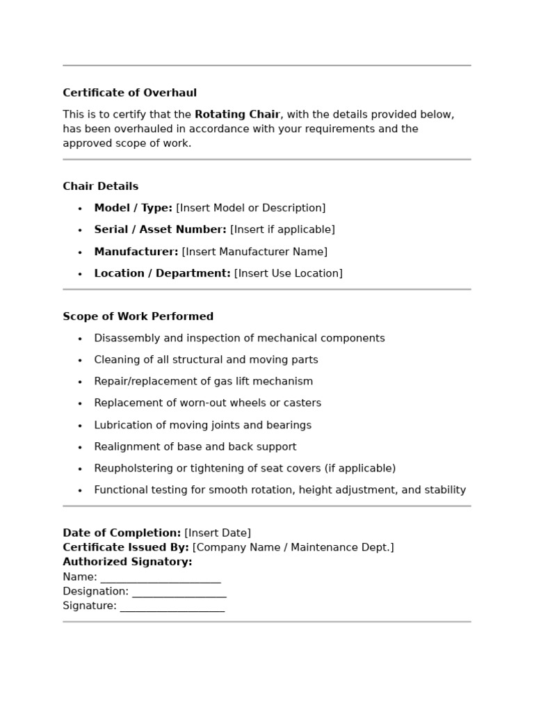 Rotating Chair Overhaul Certificate | PDF