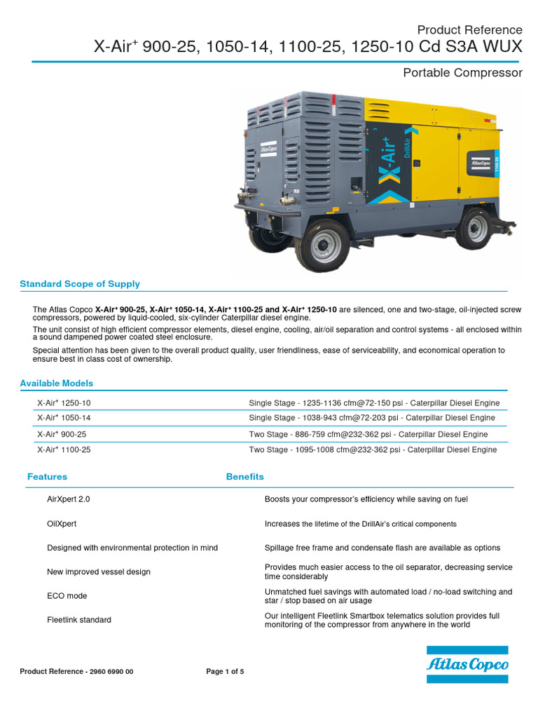 Atlas Copco X AIR 1250 10 Spec Sheets | PDF | Diesel Engine | Engines