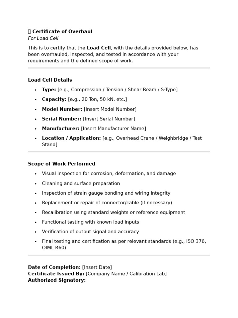 ? Certificate of Overhaul Load Cell | PDF