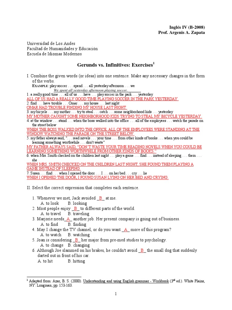 Gerunds Versus Infinitives Exercises Answers-1 | PDF | Linguistics | Syntax