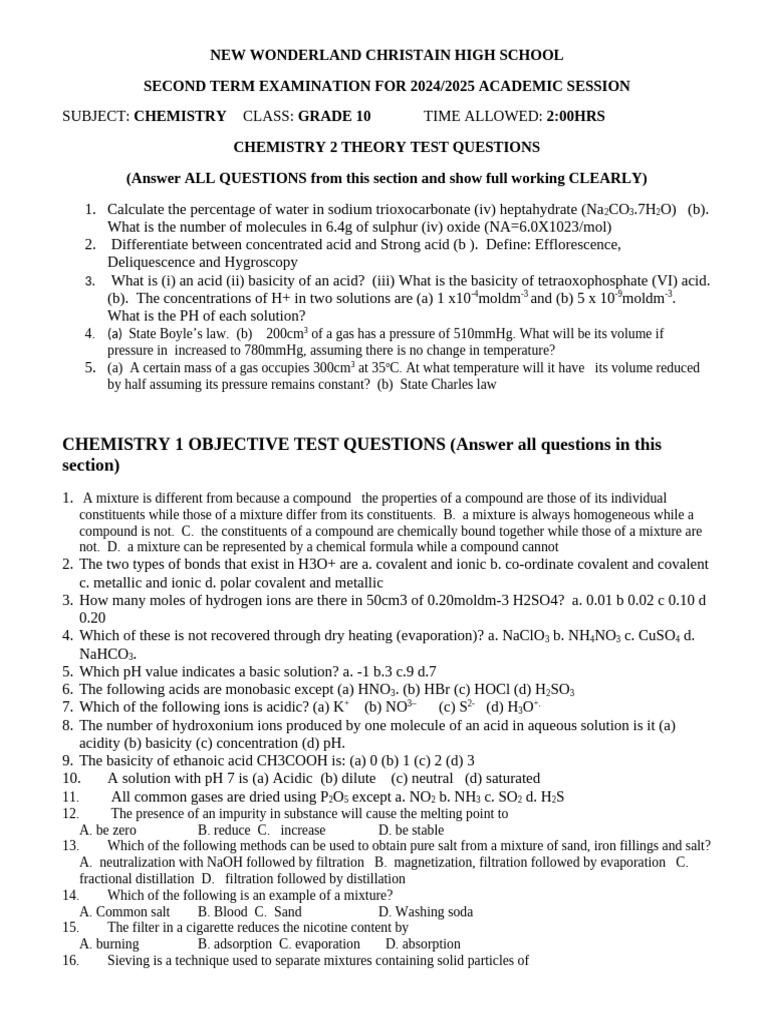 Grade 10 Chemistry Exam Questions | PDF | Gases | Water