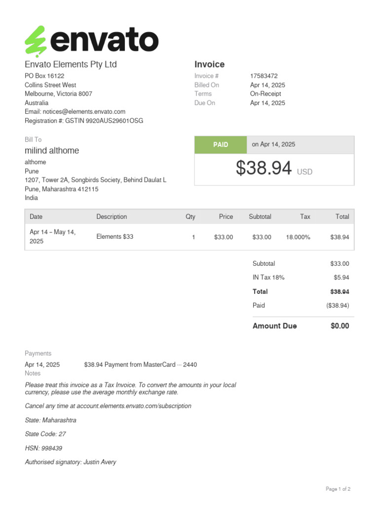 Envato Elements Invoice - April | PDF