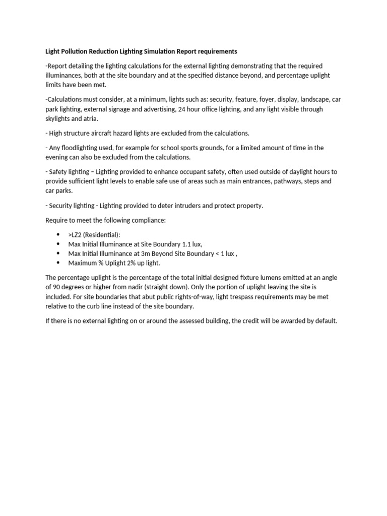 Light Pollution Reduction Lighting Simulation Report Requirements | PDF