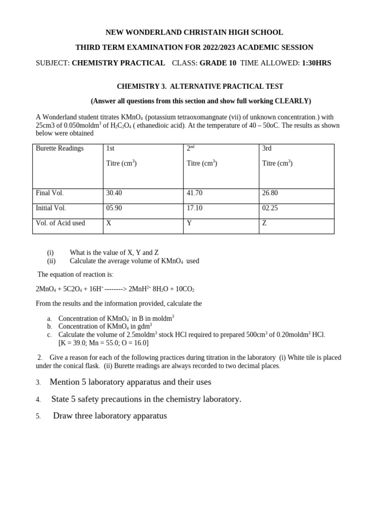 3rd Term G10 Chemistry Practical Exam | PDF