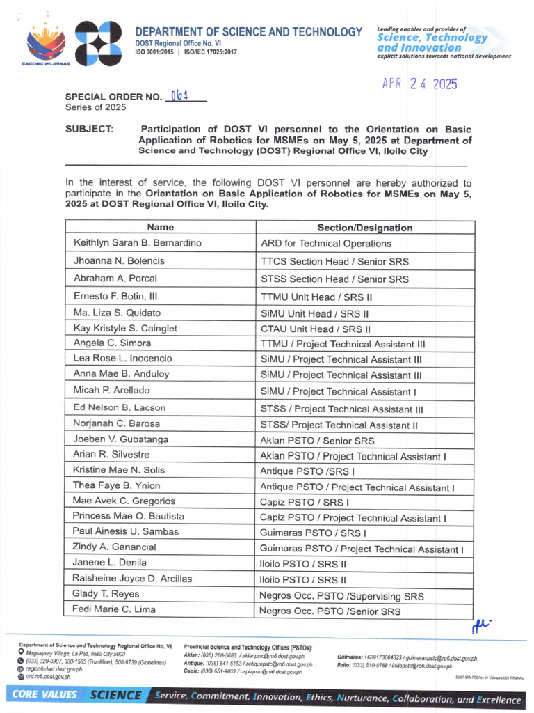 SO No. 061_Participation of DOST VI Personnel to the Orientation on ...