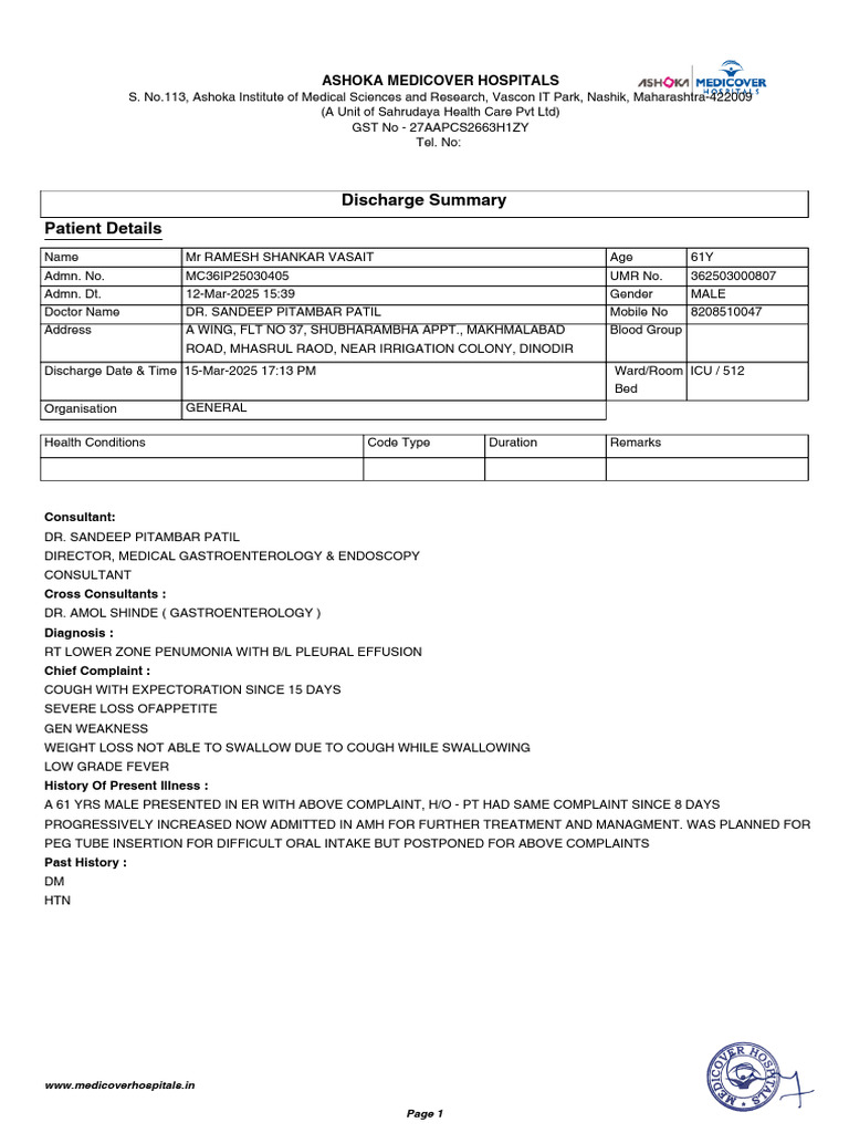 Discharge Summary for Ramesh Vasait | PDF | Human Diseases And ...