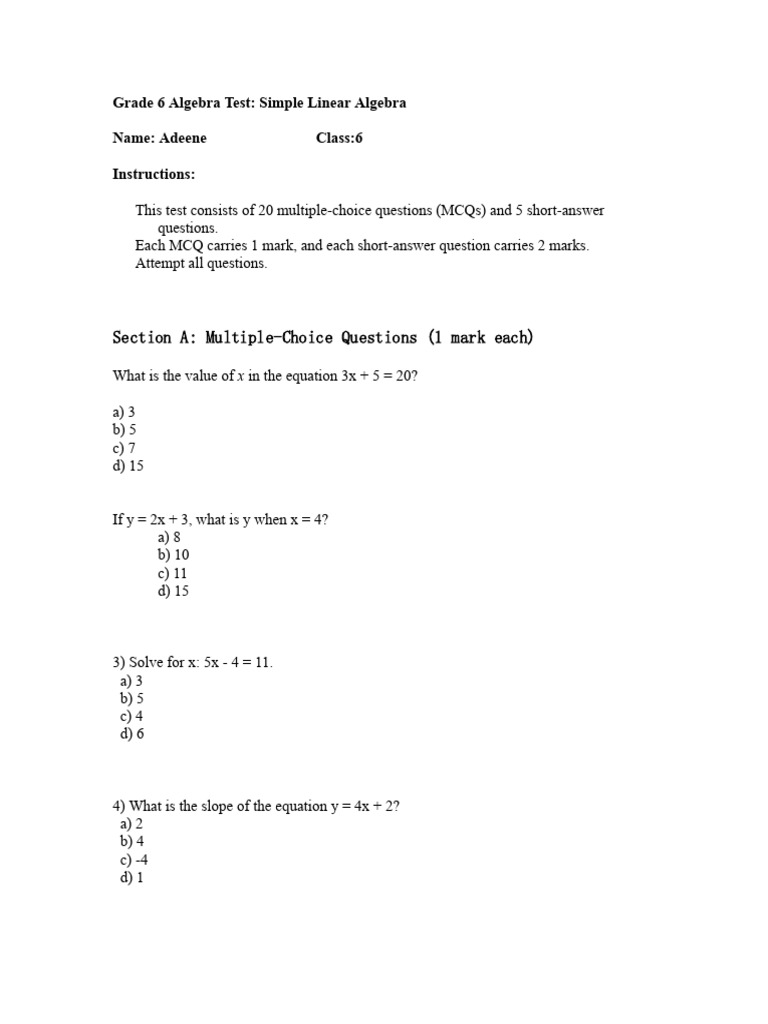 Grade 6 Simple Linear Algebra Test | PDF
