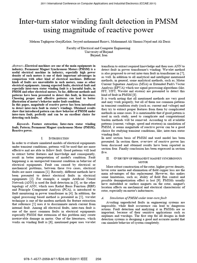 Inter Turn Stator Winding Fault Detection In Pmsm Using Magnitude Of Reactive Power Pdf